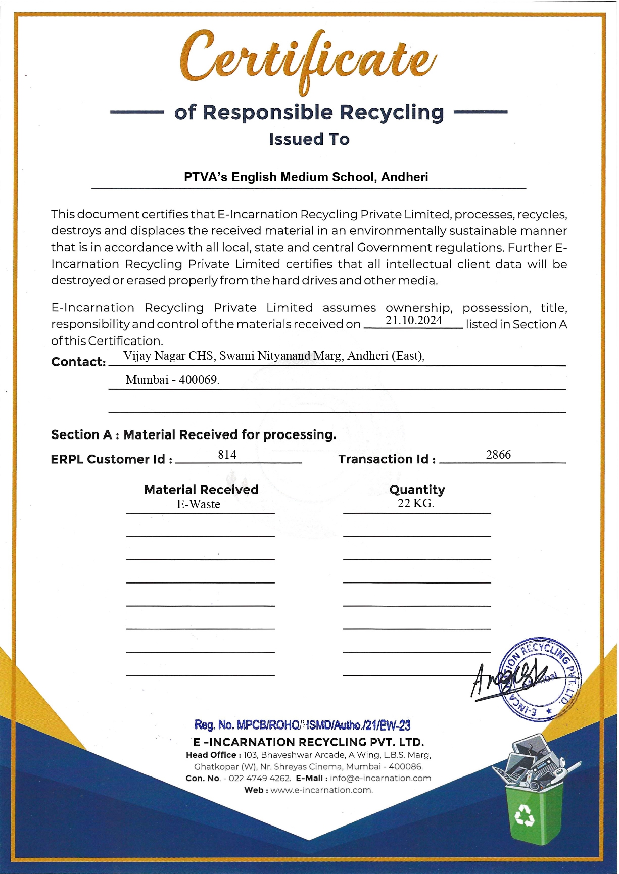 Passed it on Responsibly – PTVA English Medium Andheri